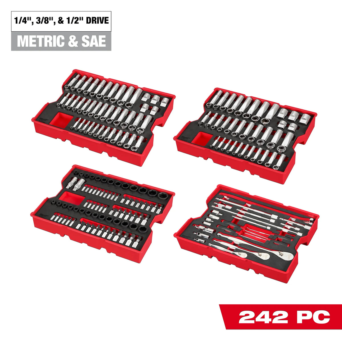 242pc. 1/4”, 3/8”, & 1/2” Drive Metric & SAE Ratchet & Socket Set with ...